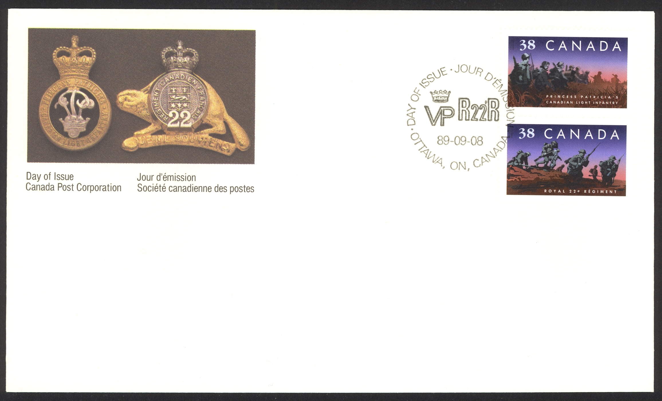 Canada Sc# 1249-1250 FDC combination 1989 09.08 Infantry Regiments ...