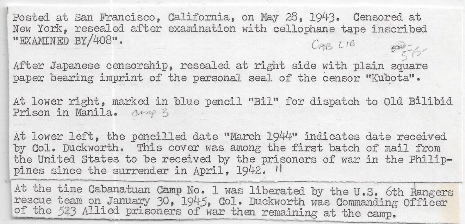 San Francisco, CA to Col Duckworth, Japanese POW Camp, Philippines Camp ...