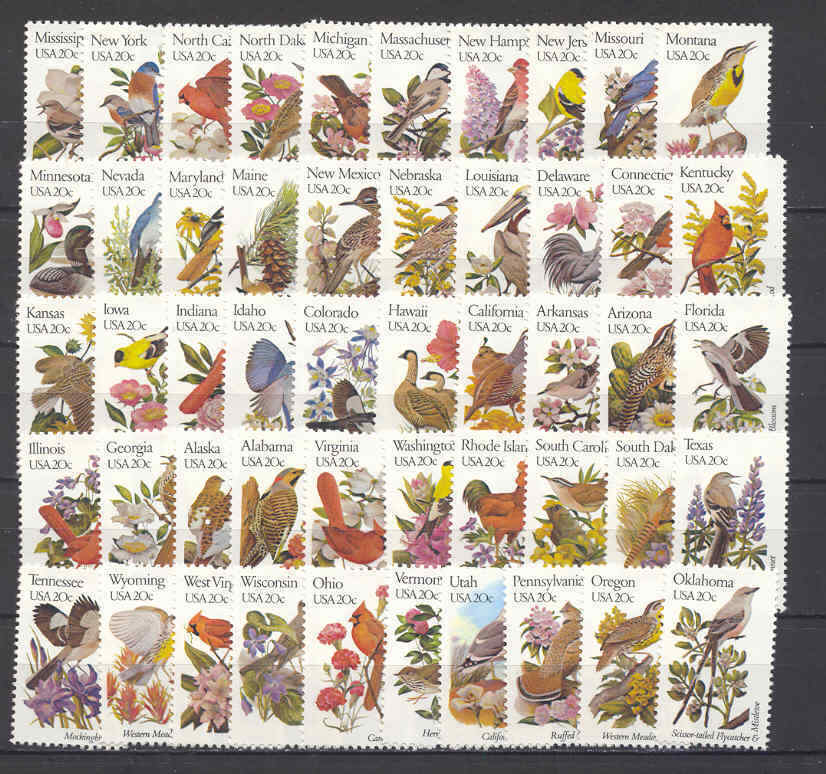 US 1953-2002 MNH OG 1982 State Birds and Flowers Singles Full Set Perf ...
