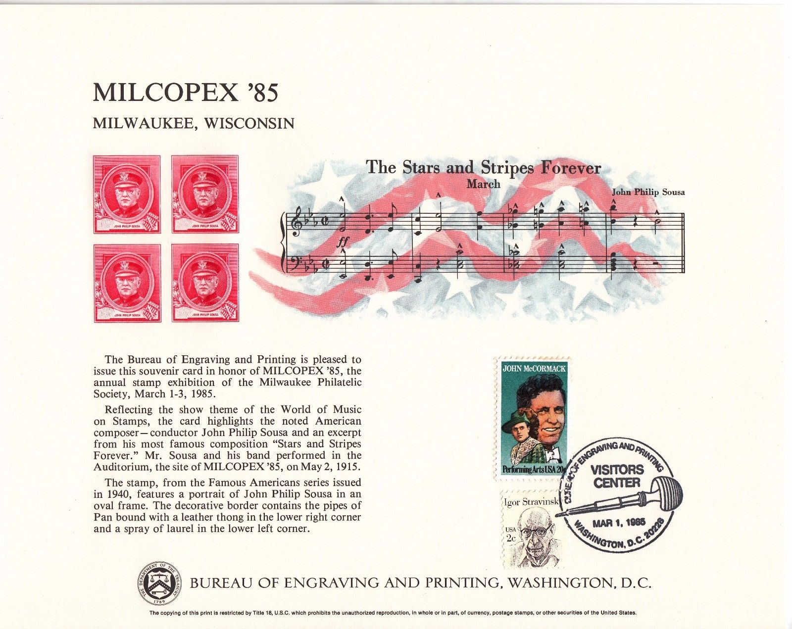 BEP B76 Souvenir Card Milcopex 1985, used w/envelope | Specialty ...