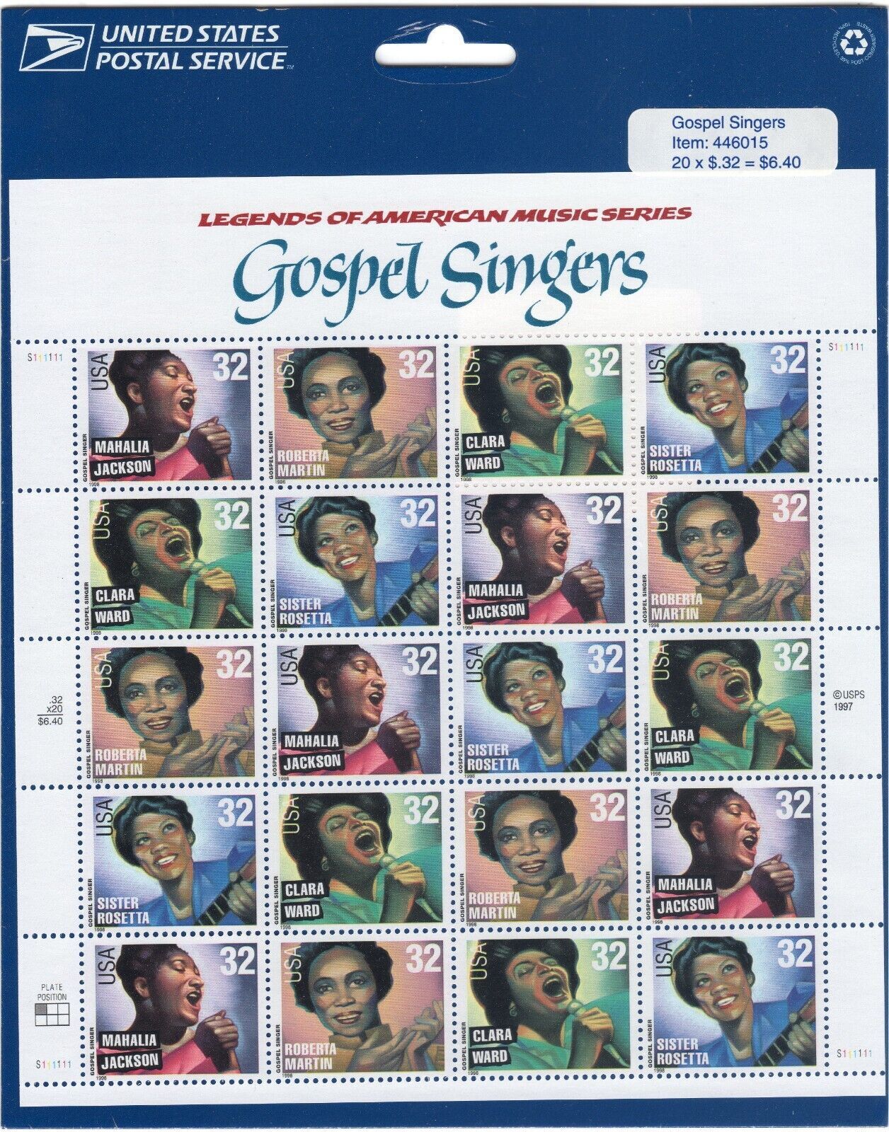 Scott #3219a (3216-19) Gospel Singers Sheet of 20 Stamps - Sealed ...