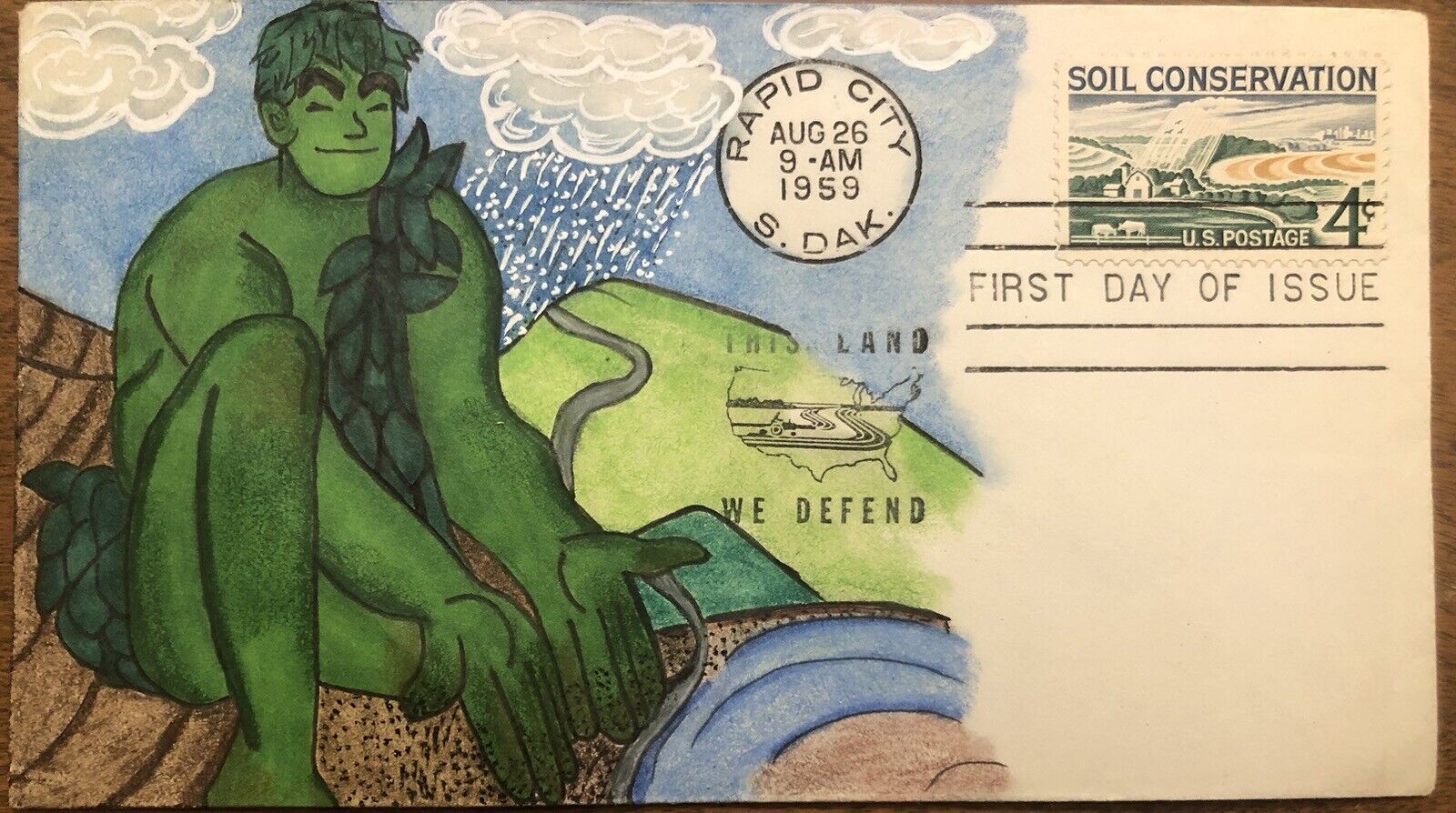 1959 Soil Conservation 4c FDC Hand Drawn Painted Cachet Green Giant ...