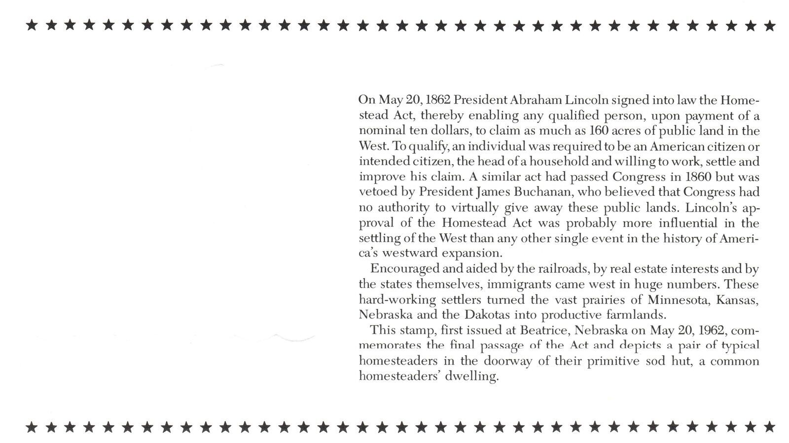 The History of the U.S. in Mint Stamps Passage of the Homestead ACT ...