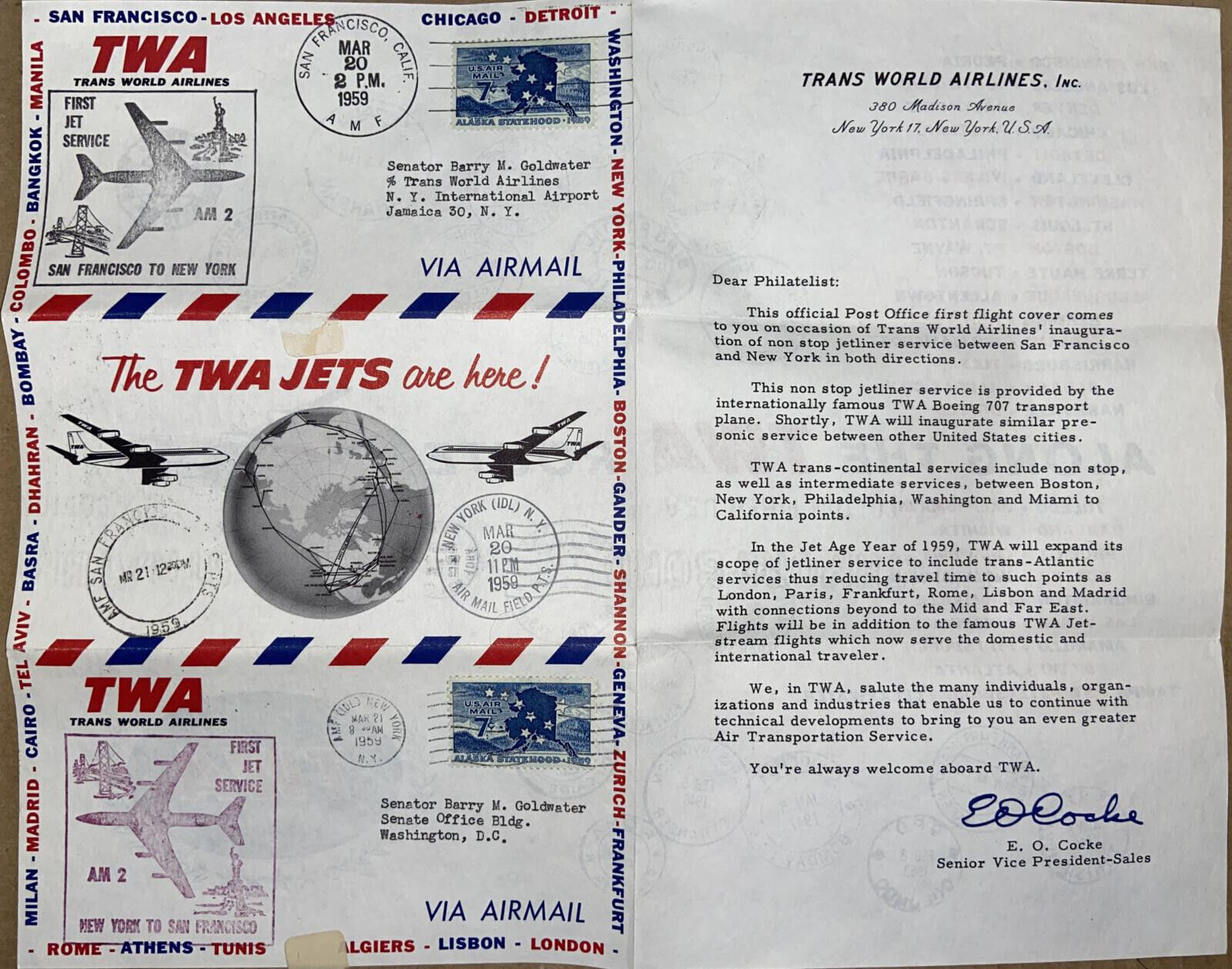 1959 TWA Airlines SEN. Barry Goldwater JET Airmail SAN Fran AMF Foldout ...