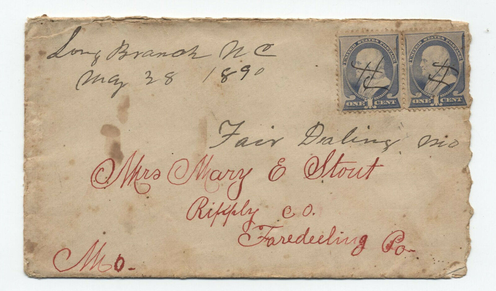 1890 Long Branch NC manuscript postmark R6 DPO 2x #212 [H.1312 ...