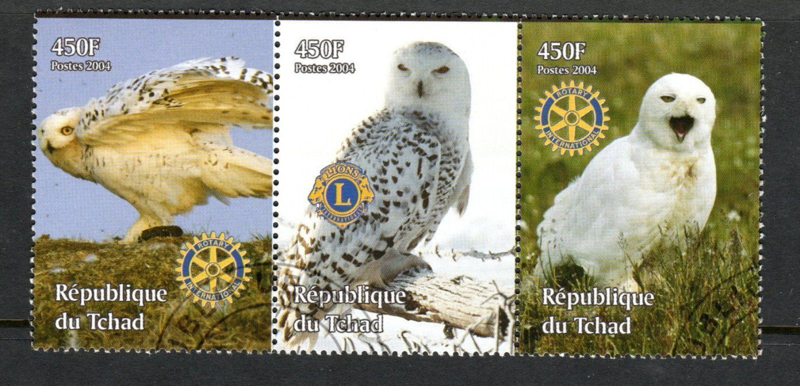 Chad 2004 Cinderella issue Various Owls pane of 3, Rotary Logos ...