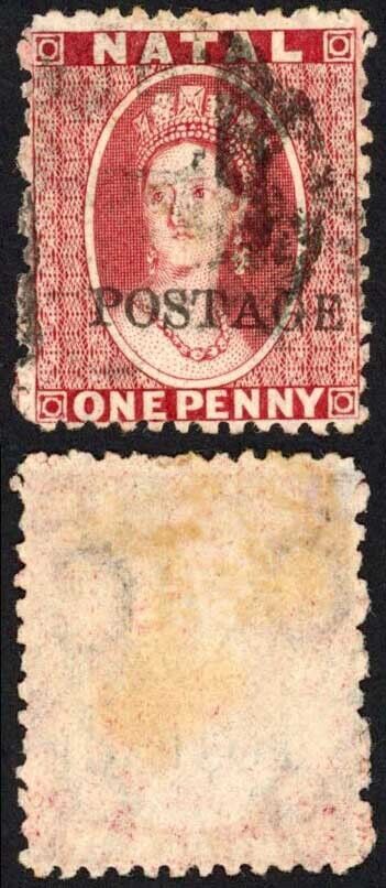 Natal SG81x 1d Rose Wmk CC Reversed Opt POSTAGE (Davis) Cat 130 pounds ...