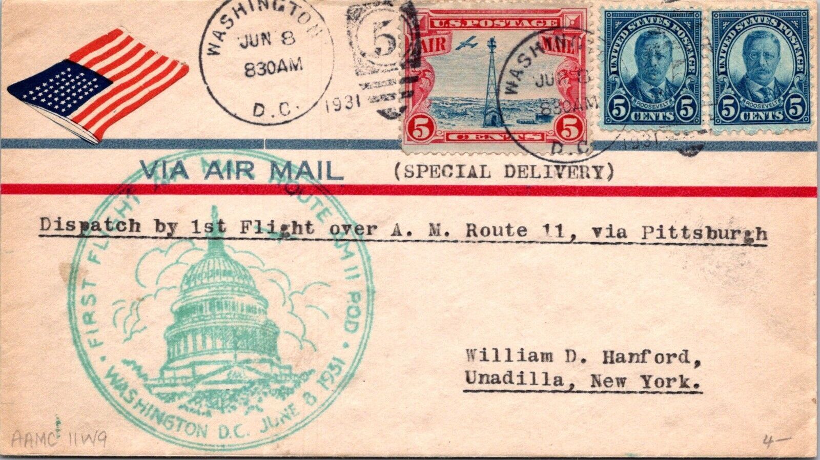 FFC 1931 - Airmail RT AM #11 - Washington DC to Umadilla NY - F57222 ...