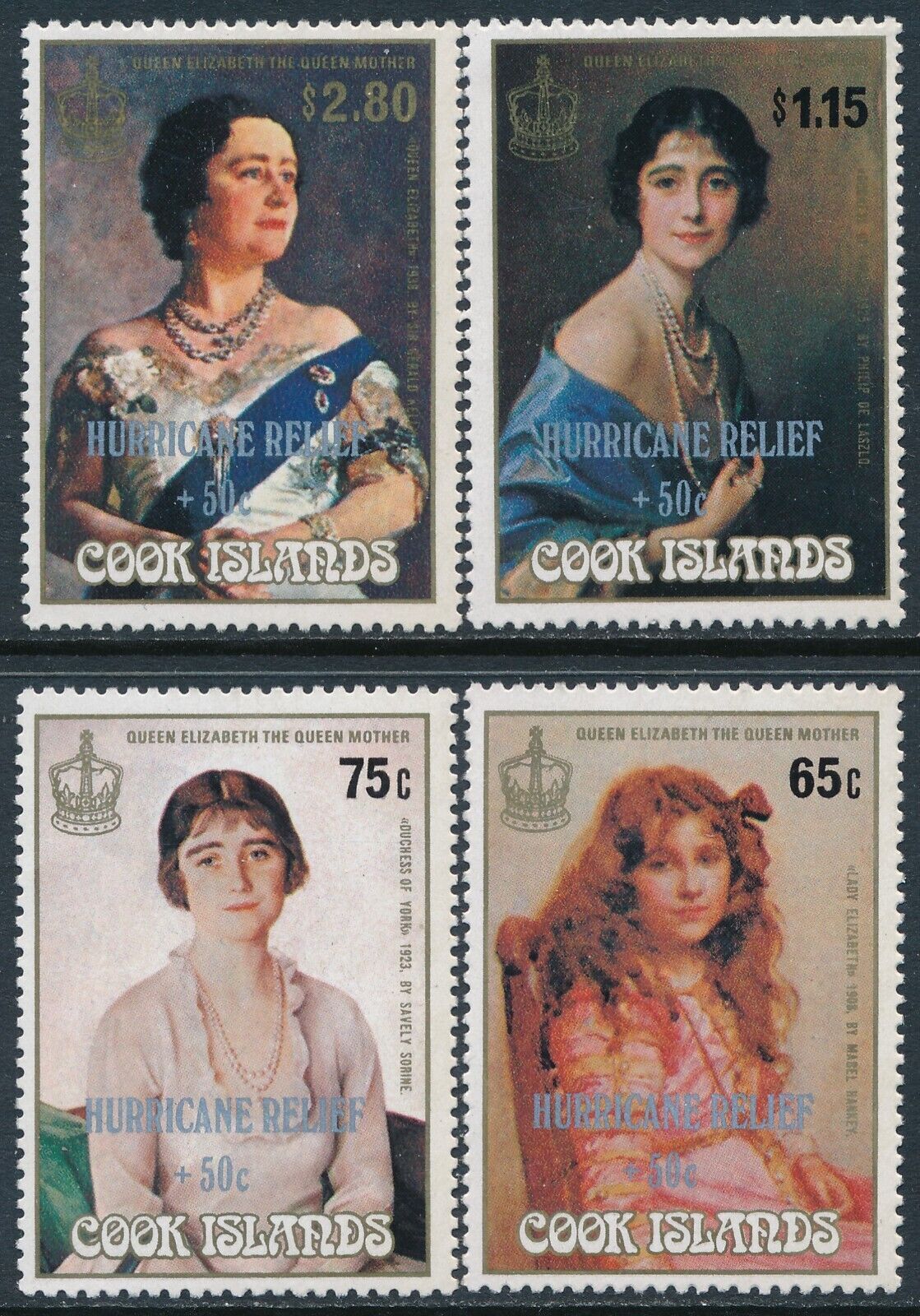 Cook Island 1987 Queen Mother w Ovpt Hurricane Relief+50c (4v+1Ms) MNH ...
