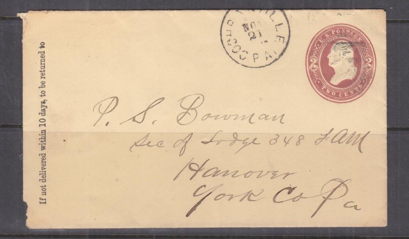Envelope, 2c. Brown, 1887 COCHRANEVILLE PA to Hanover. York County, PA ...