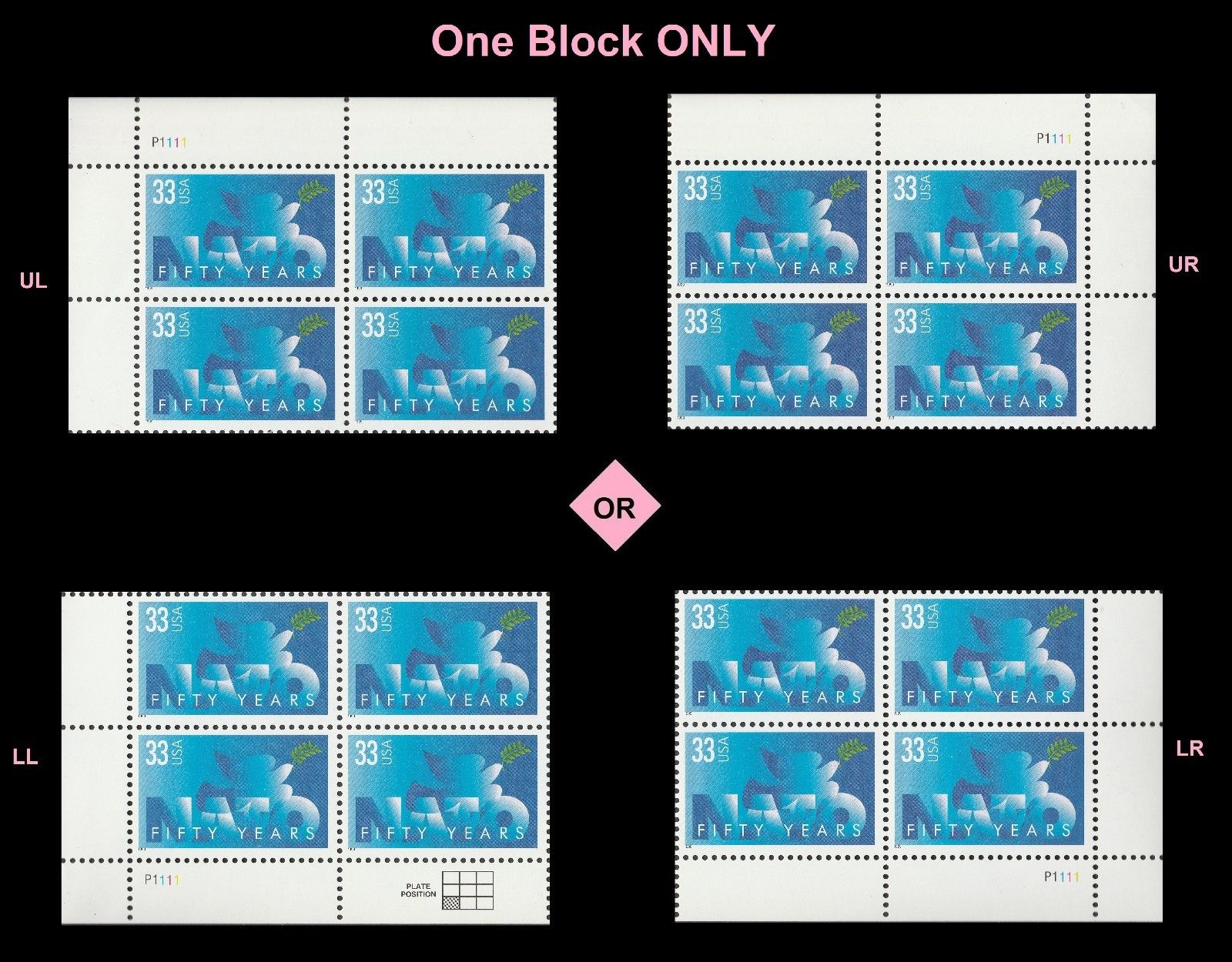 US 3354 NATO Fifty Years 33c plate block P1111 (4 stamps) MNH 1999 ...