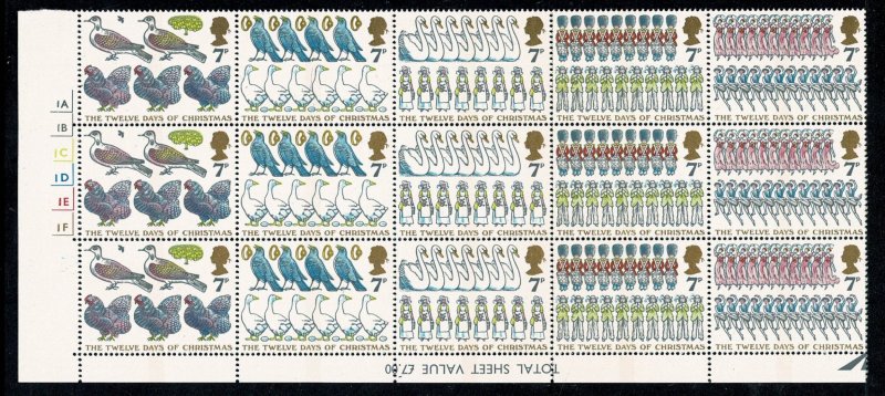 GB 1977 Christmas 7p. Cylinder 1A 1B 1C 1D 1E 1F no dot block of 15 | Great Britain, Stamp ...