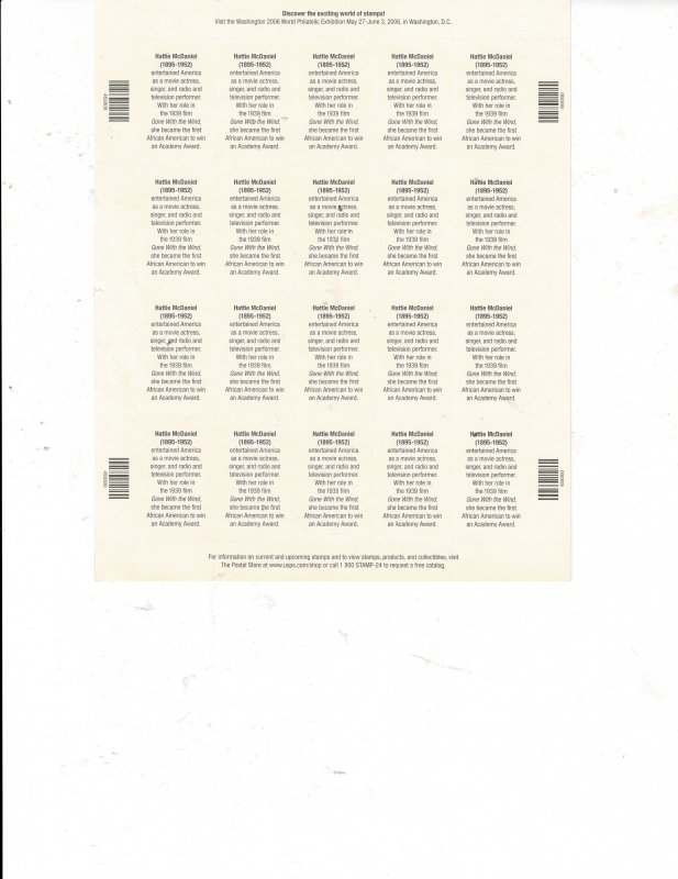 Hattie McDaniel Gone with the Wind 39c Postage Sheet of 20 stamps #3996 ...