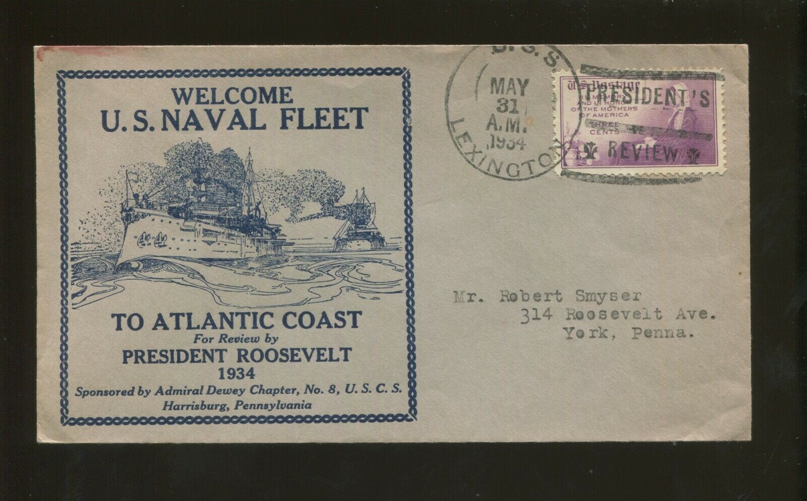 1934 Navy U.S.S. Lexington Fleet Review by President Roosevelt Postal ...