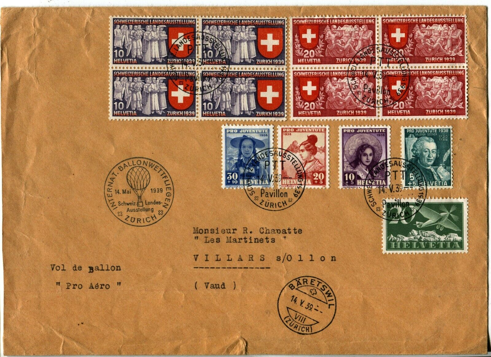 Switzerland Balloon Post Airmail Cover Zurich 1939 Postage Stamps ...