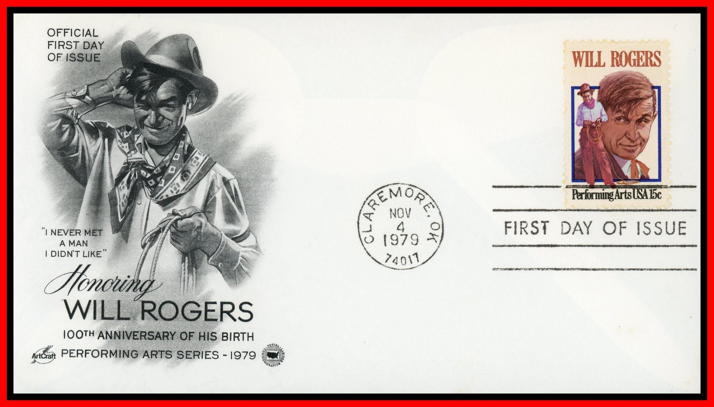 US FDC #1801 15c Will Rogers U/A PCS Cachet | United States, General ...