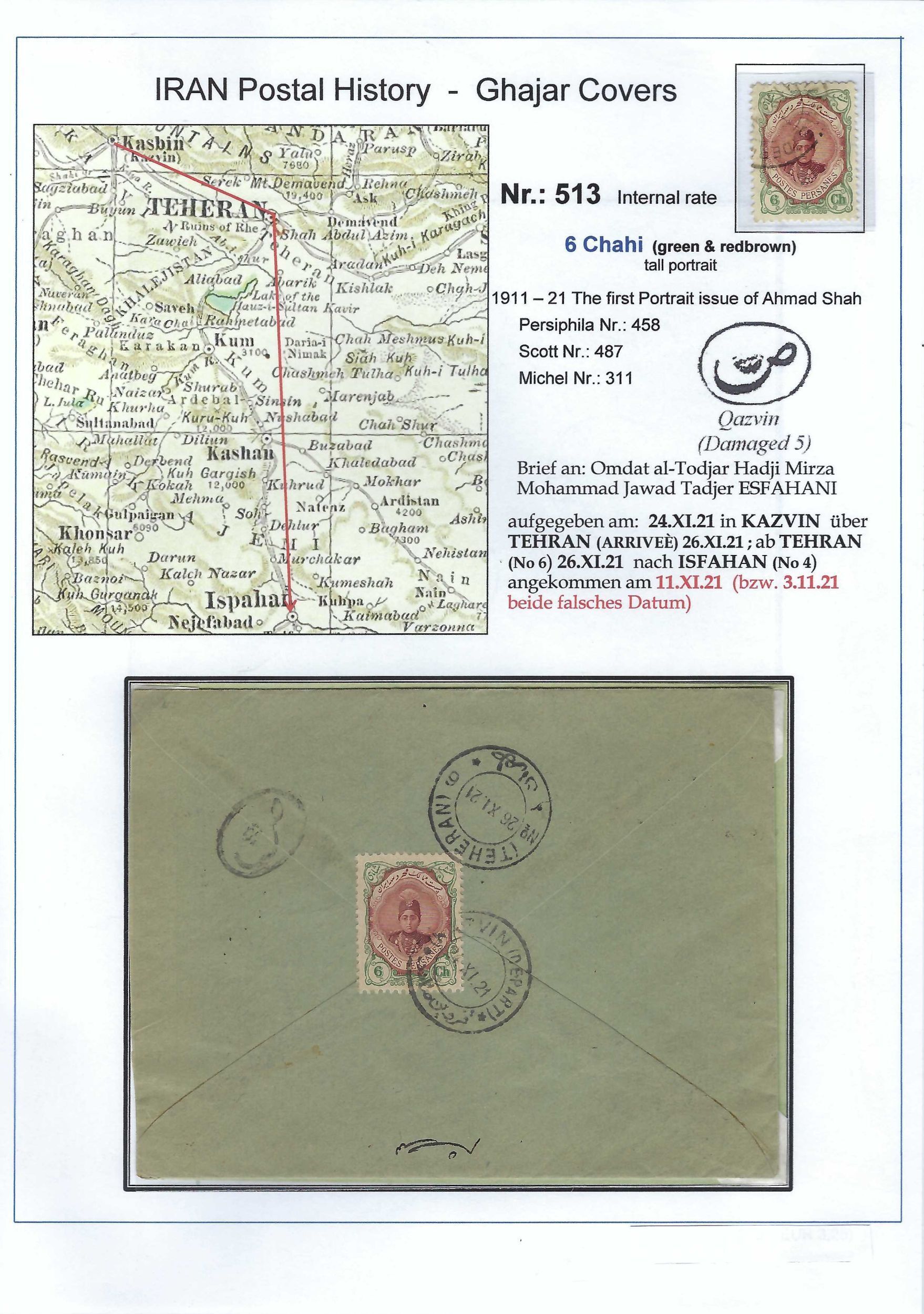 PERSIA 6ch cover with Sandoq 1921, sent form KAZVIN to ISFAHAN via ...