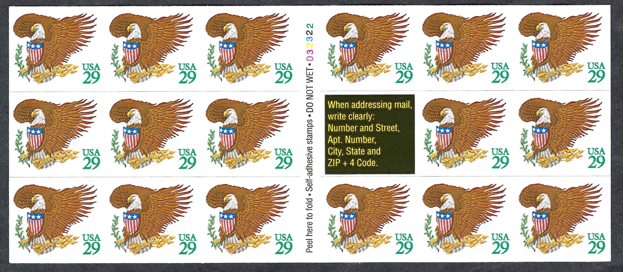 United States 2596a 29¢ Eagle & Shield (1992). Pane of 17. Green 29 ...
