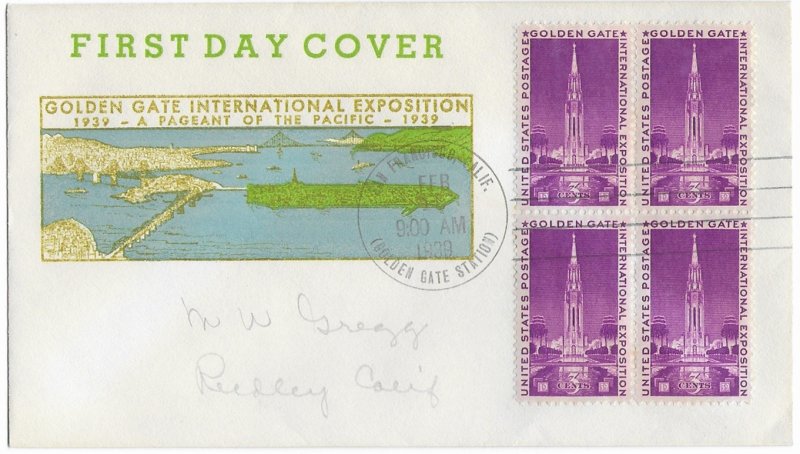 1939 FDC, #852, 3c Golden Gate International Exposition, M. W. Gregg ...