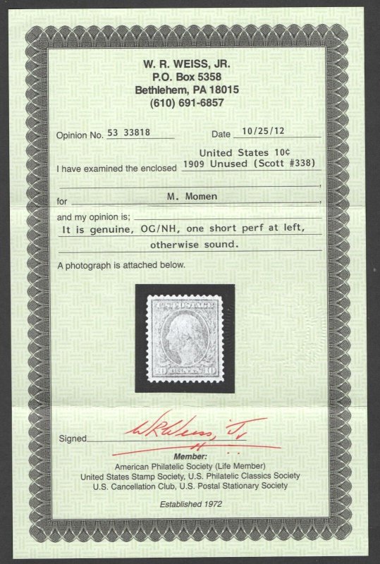 SCOTT #381 - MINT -Superb -OGnh -Barely shorter perf - w/Weiss Cert (LB ...
