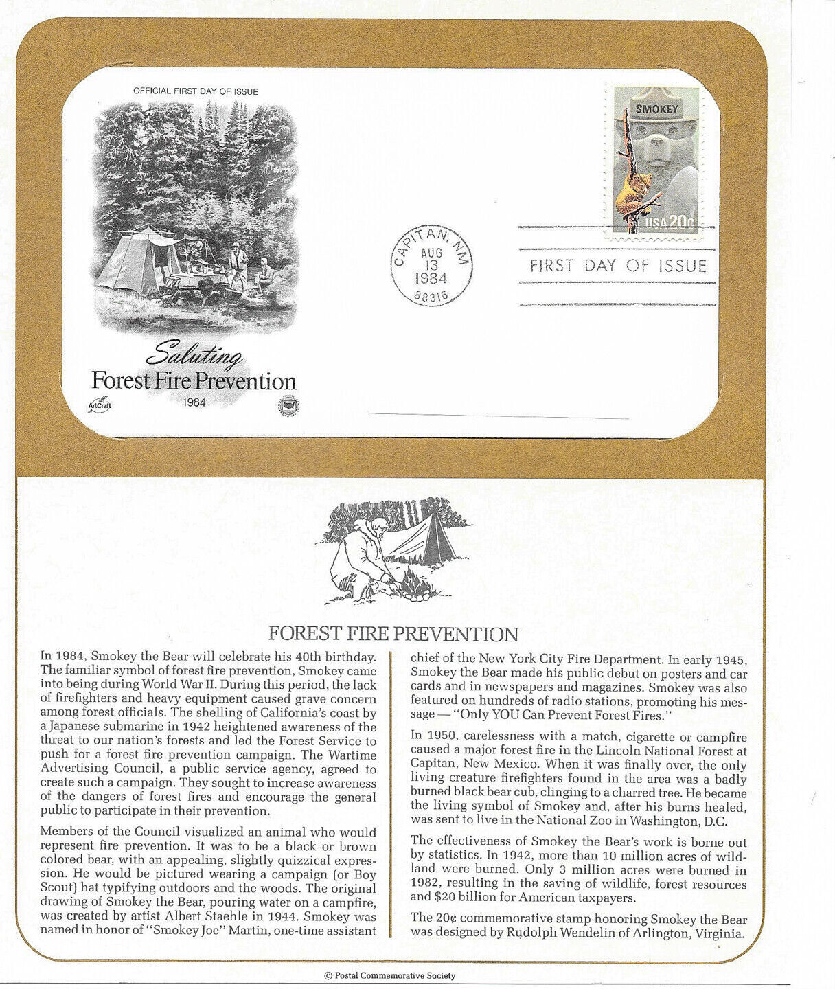 1984 Forest Fire Prevention, camping, Smokey the Bear Sc 2096 FDC info ...