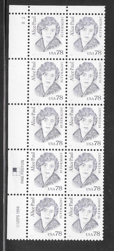 #2943B MNH Alice Paul Plate Block & Copy Block of 10 Plate # B2 ...