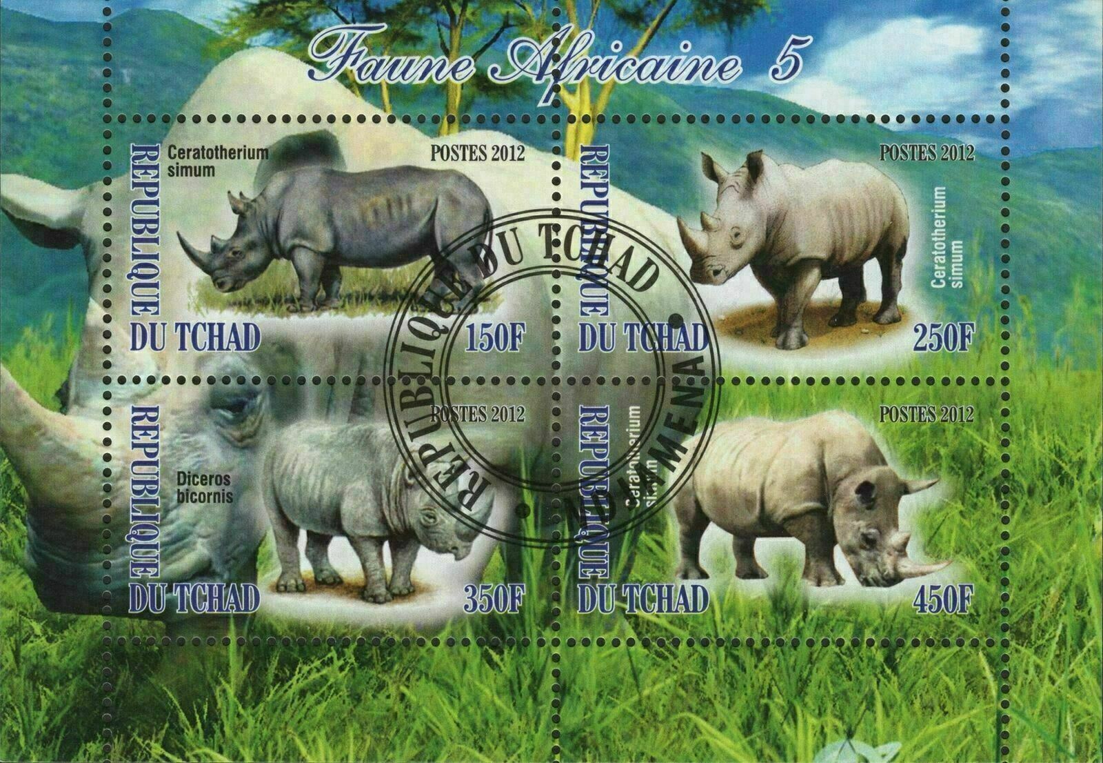 Rhino Stamp Wild Animal Sheet of 4 Stamps Rhinoceroses African Fauna ...