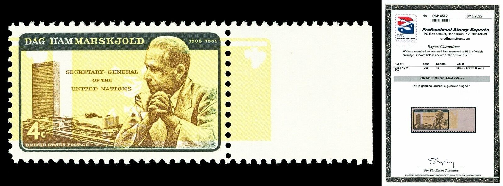 Scott 1204 1962 4c Dag Hammarskjold Issue Mint Graded XF 90 NH with PSE ...
