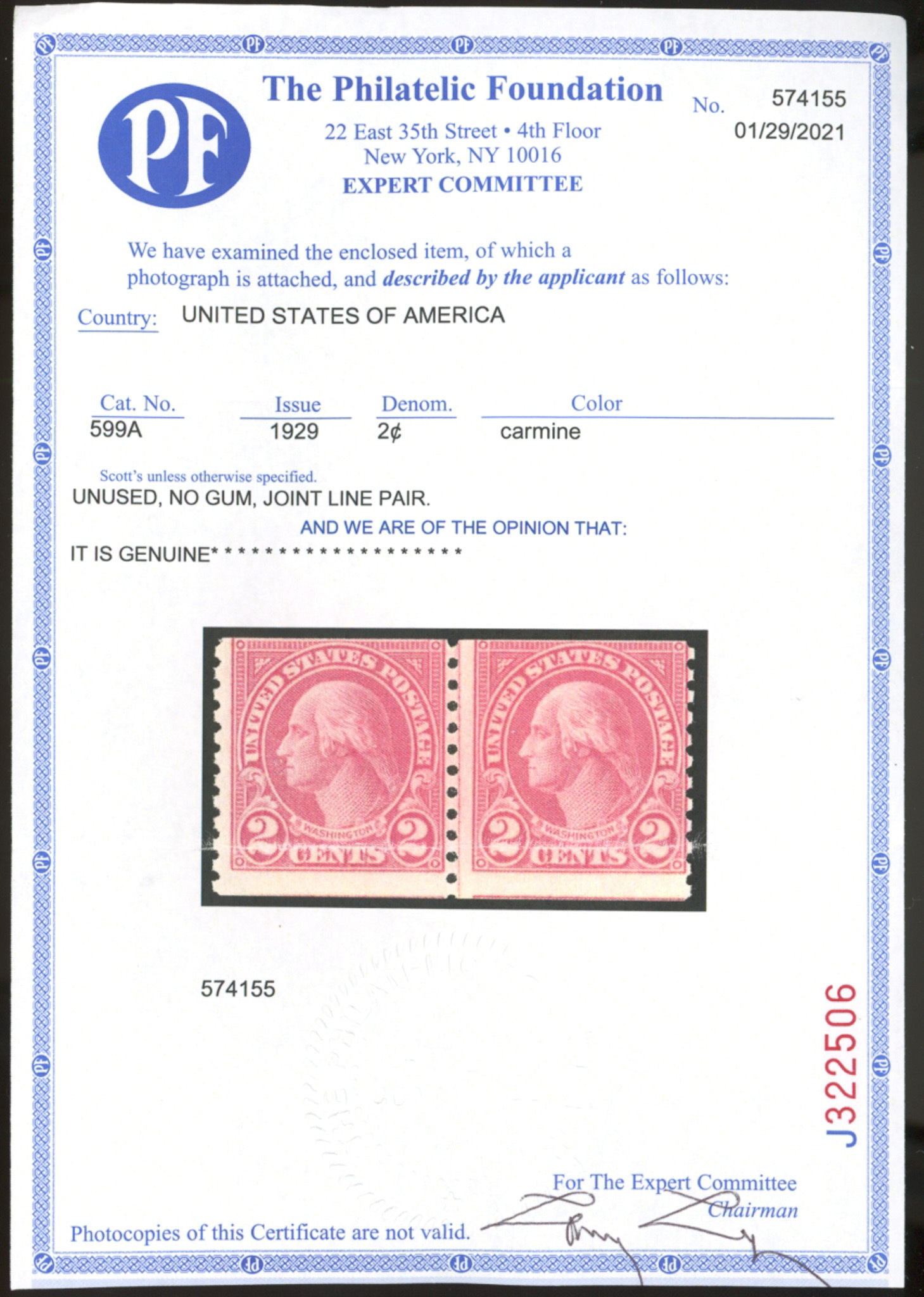 U.S. #599A Mint Joint Line Pair With PF Cert NG | United States ...