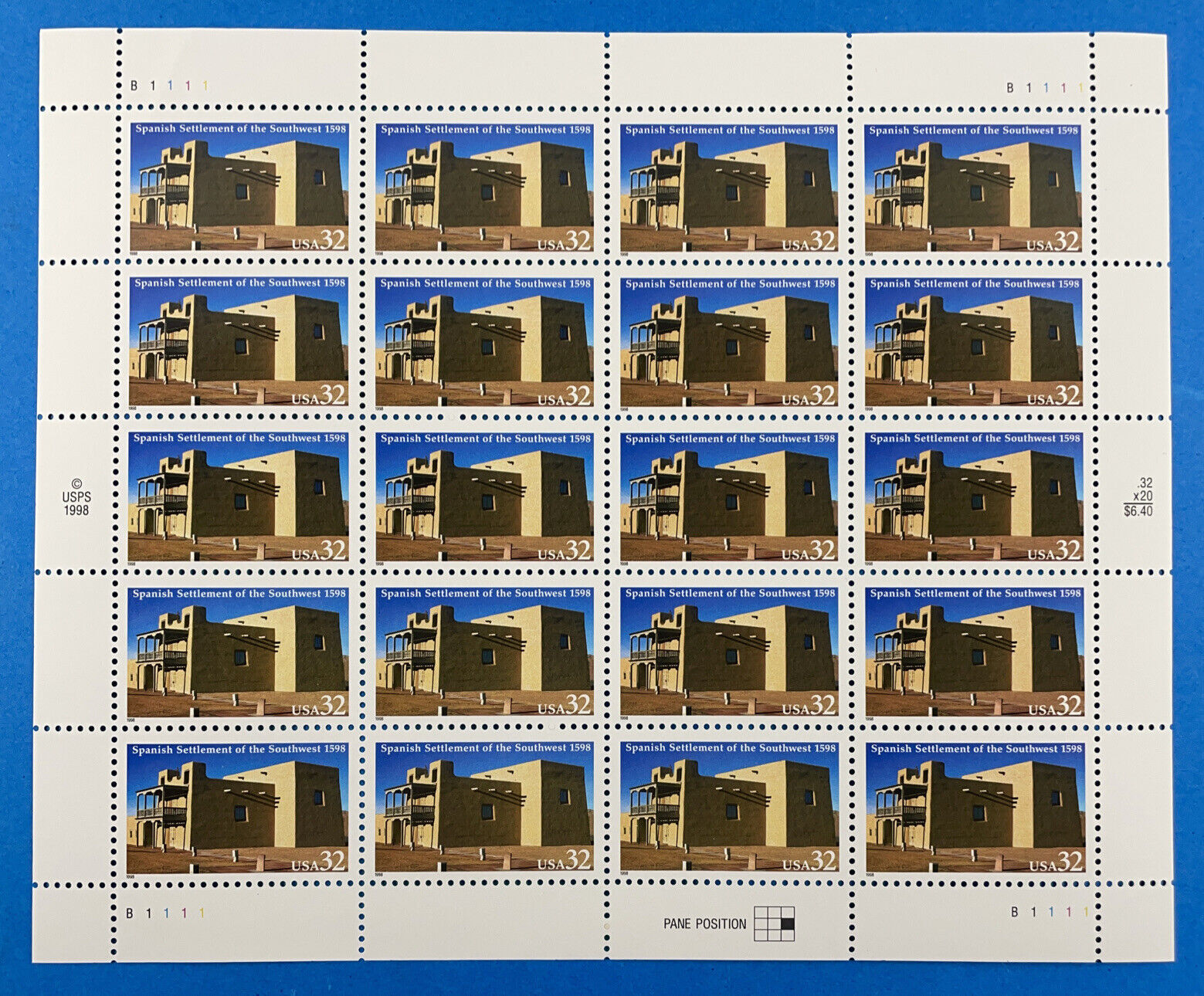 Scott 3220 SPANISH SETTLEMENT Sheet of 20 US 32¢ Stamps 1998 NH ...