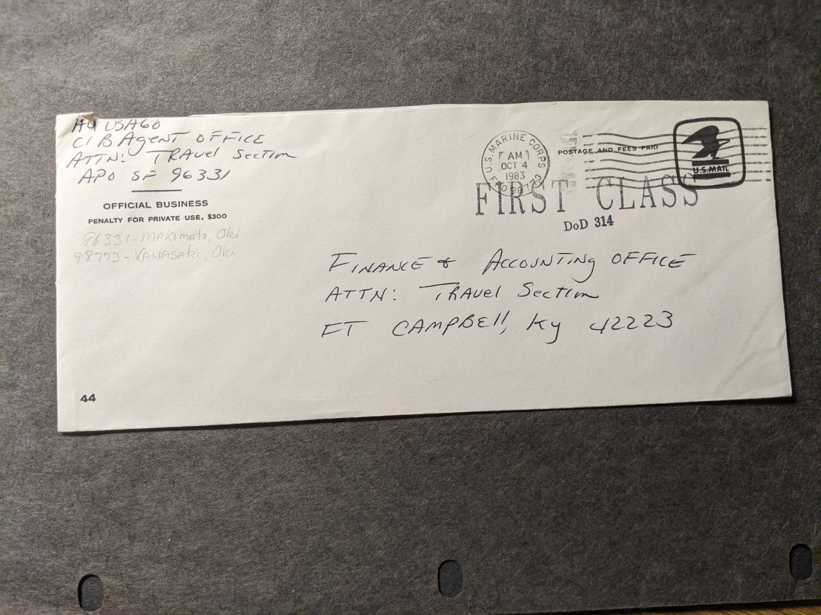 APO 96331 KAWASAKI, OKINAWA, JAPAN 1983 USMC Cover CIB Agent Office FPO ...