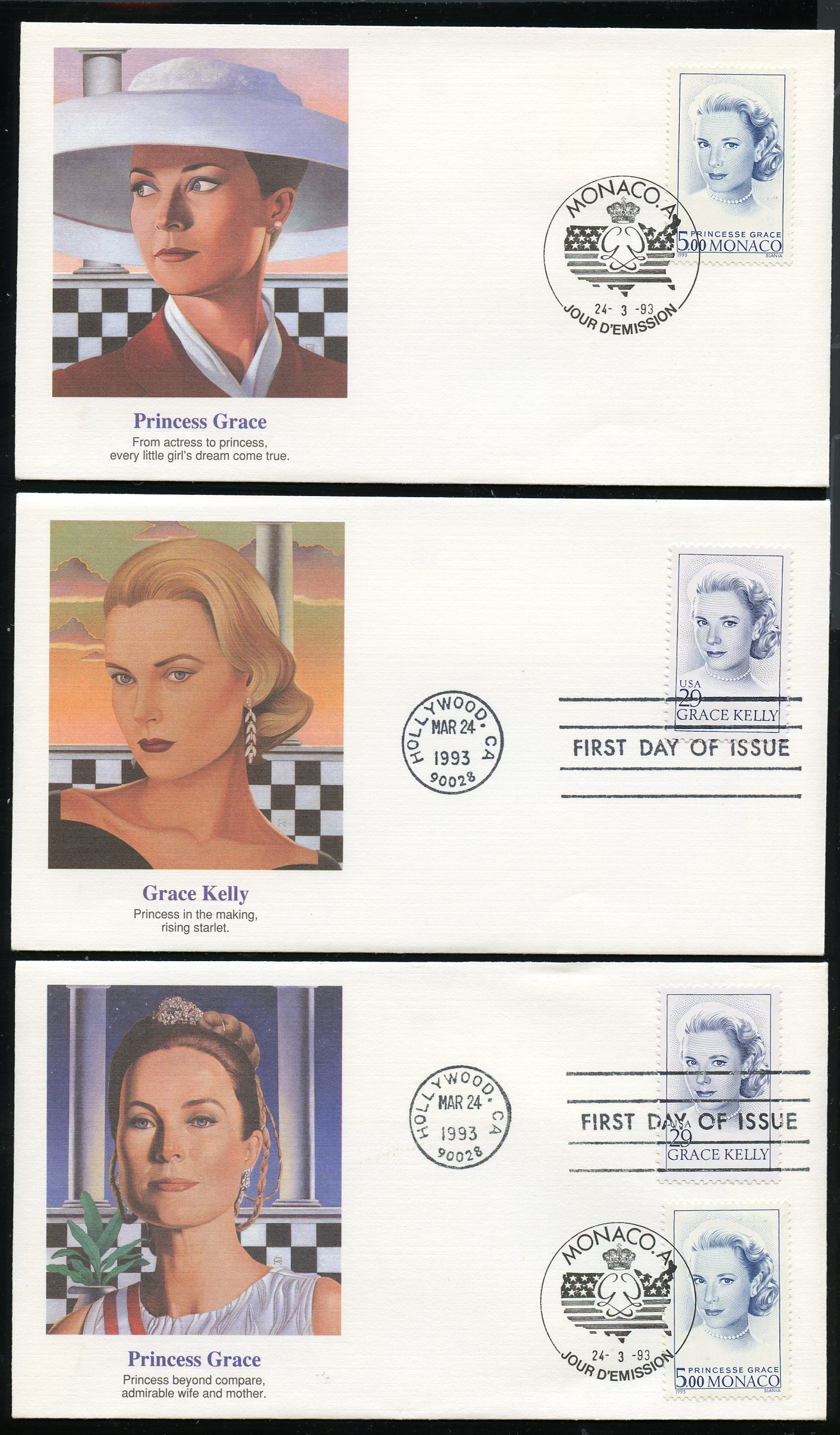 US 2749 & Monaco Sc 1851 Princess Grace Kelly 1993 UA set 3 Fleetwood ...