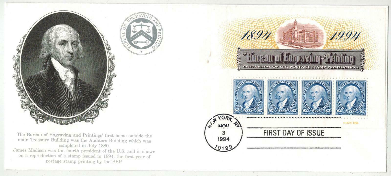 JAMES MADISON $8 HIGH VALUE SOUVENIR SHEET FDC 2875 Unknown Cachet Nice ...