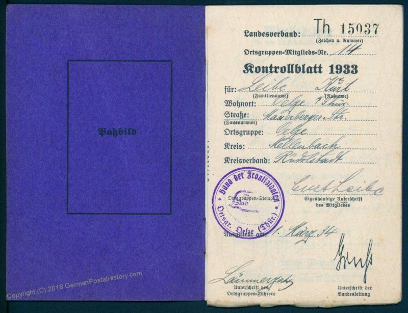 3rd Reich NSDAP DFB Stahlhelm Membership Book Dues Revenue Stamp 78839 ...