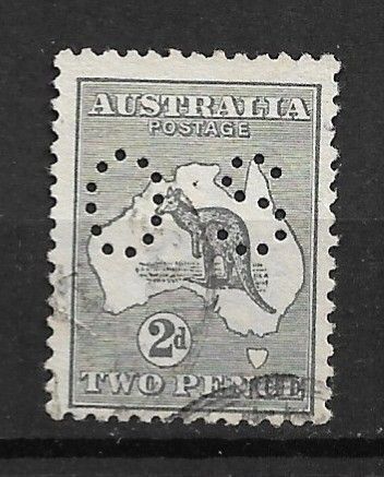 1913 Australia Sc3 (SG18) 2d Kangaroo used with small OS perfin ...