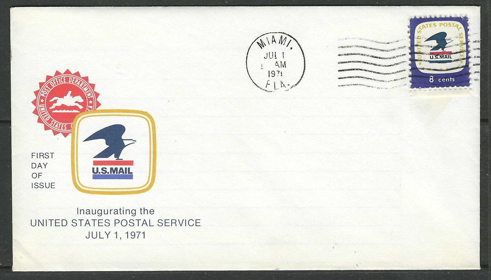 USA 1971 8c USPS Inauguration Issue Sc 1396 US POSTAL SERVICE MIAMI ...