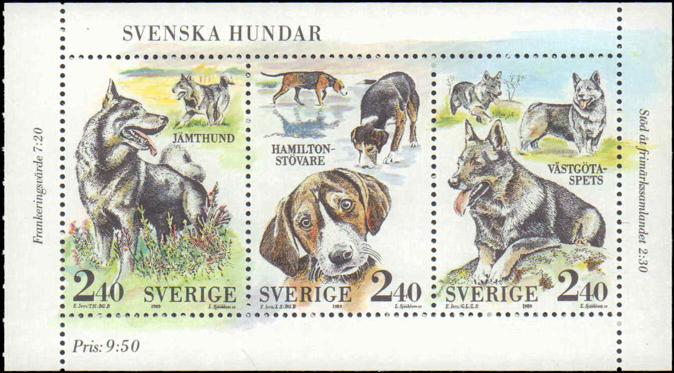 Sweden #1765, Complete Set, Blkt Pane of 3, 1989, Dogs, Never Hinged ...