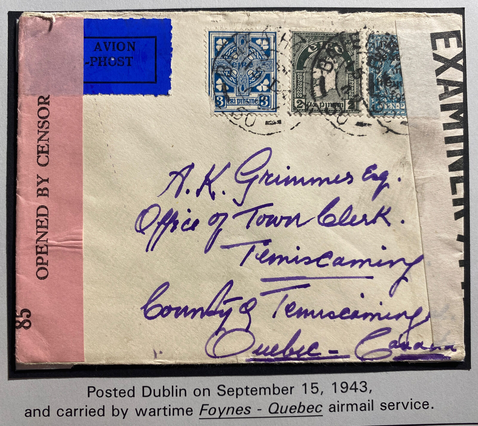 1943 Dublin Ireland Dual Censored Airmail Cover To Quebec Canada ...