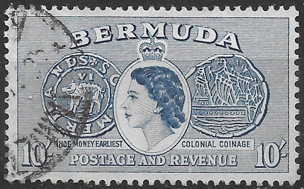 Bermuda 10/- deep ultramarine Earliest Hog Coin issue of 1953, Scott ...
