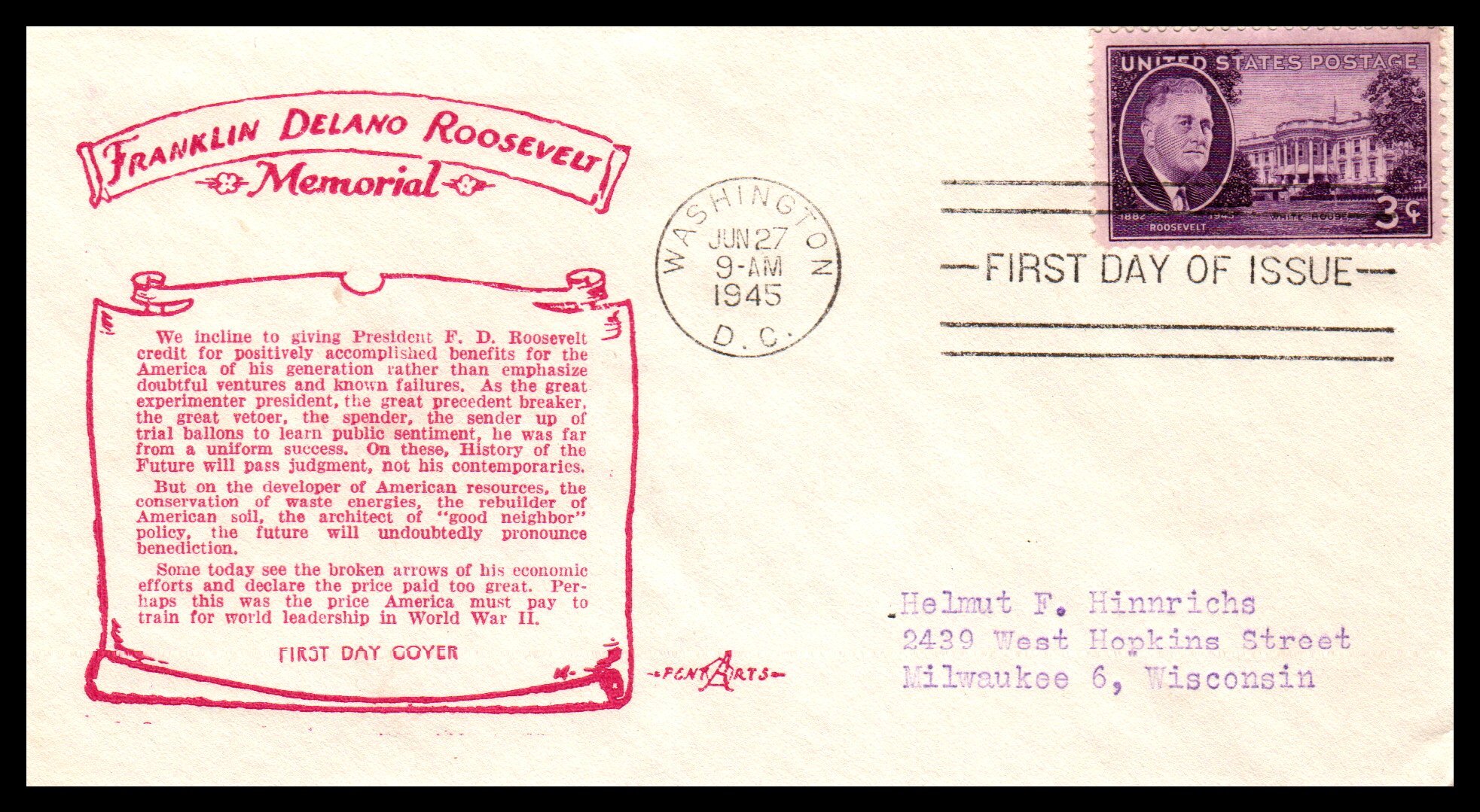 US 932 Franklin D Roosevelt Pent Arts Typed FDC | United States ...