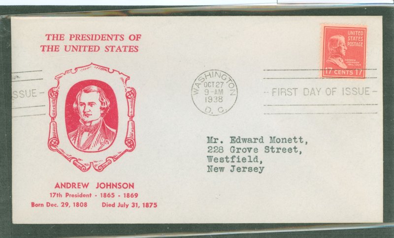US 822 1938 17c Andrew Johnson (presidential/prexy series) single on an ...