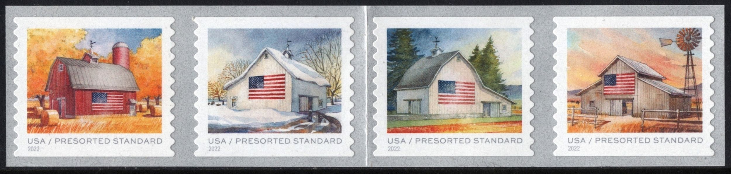 SC#5684-87 (Presorted Standard) Flags on Barns Coil Strip of Four (2022 ...