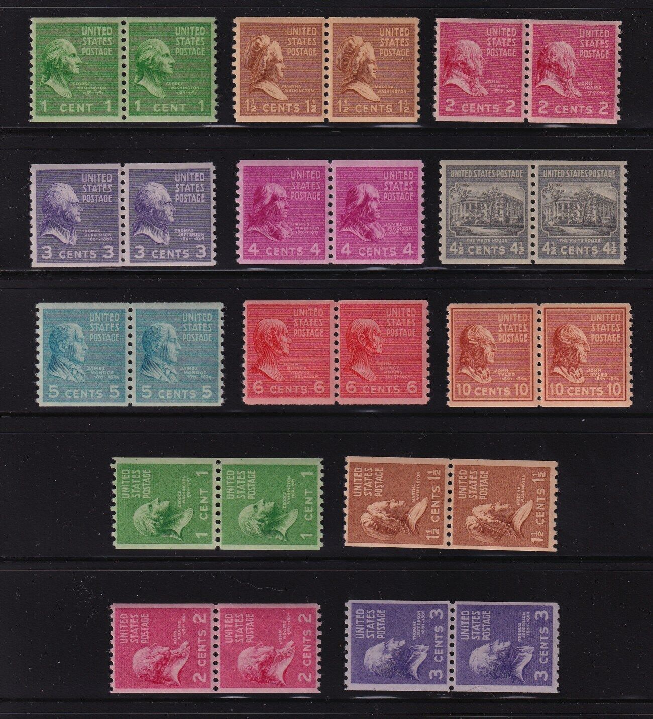 1939 PREXY COILS Sc 839-51 MNH pairs, vertical & horizontal premium CV ...