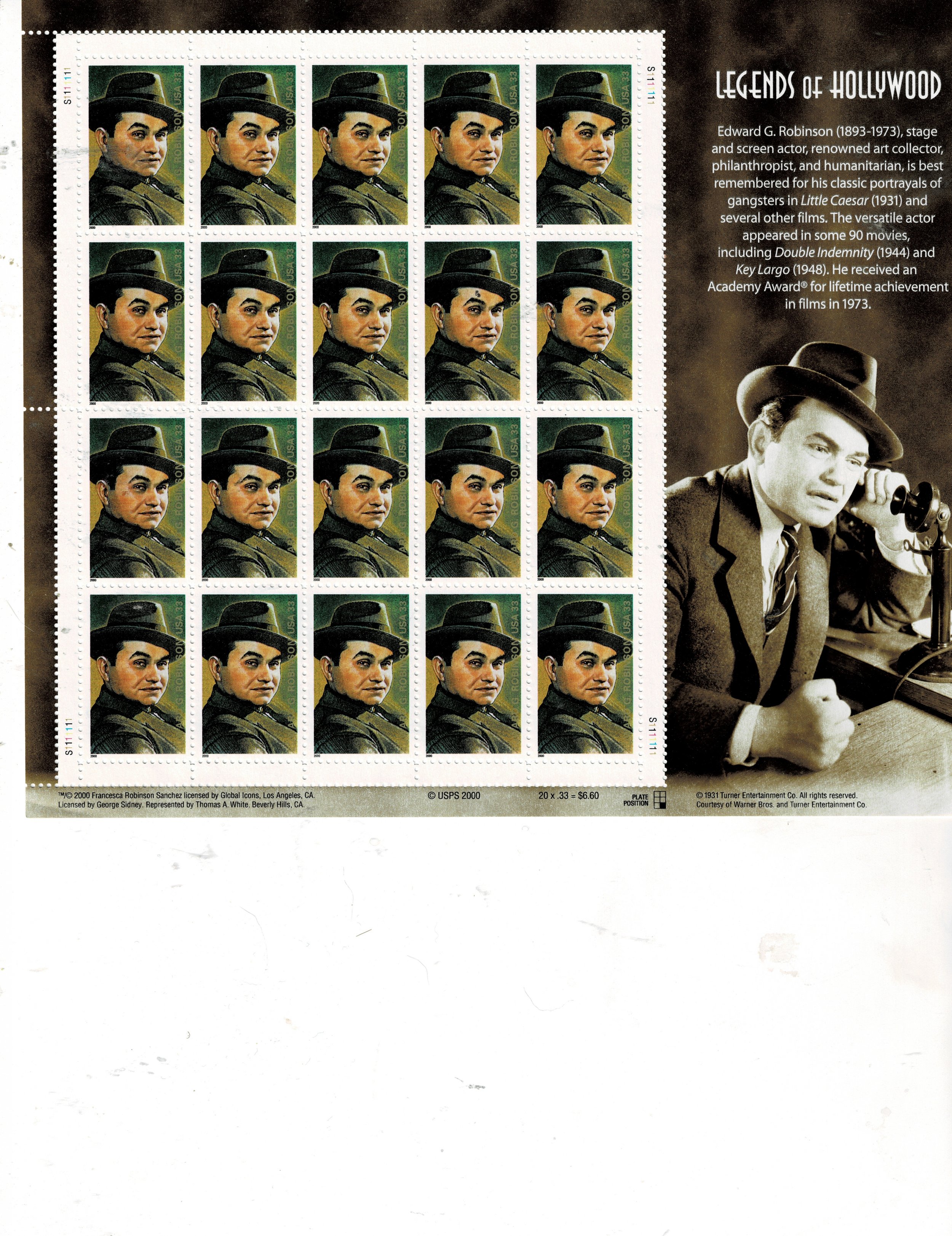 Edward G. Robinson Hollywood Actor 33c US Postage Sheet #3446 MNH ...