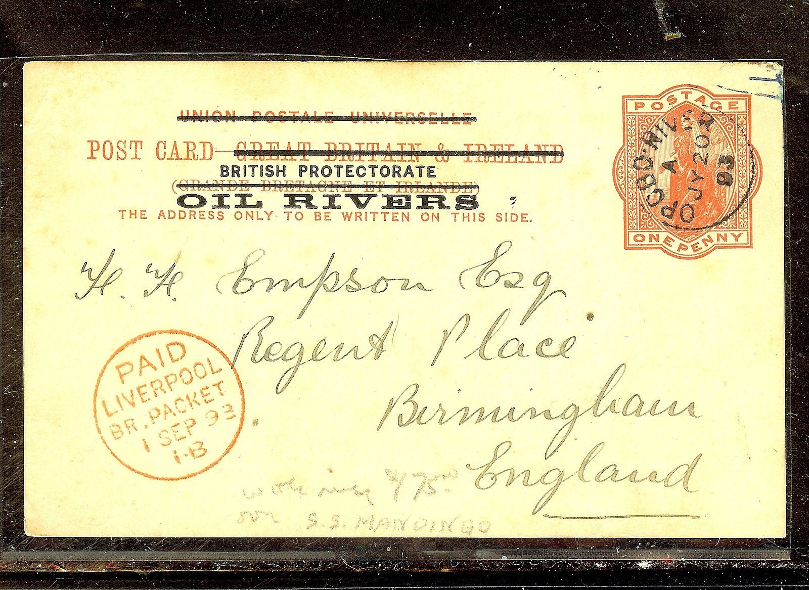 Niger Coast Proctectorate (P1012B) 1893 PSC Opobo River SS Mandingo ...