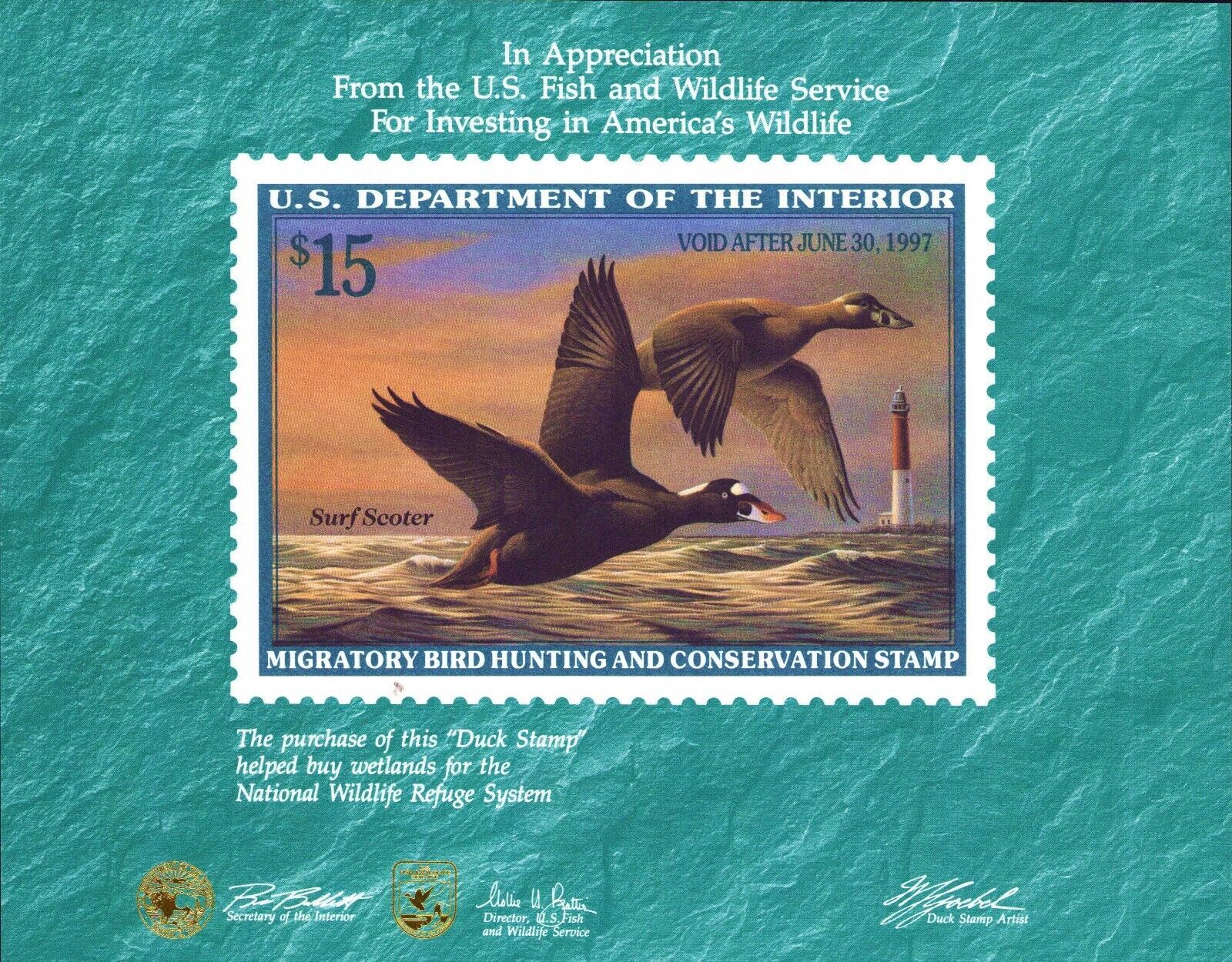 RW63 - Federal Duck Stamp Certificate Of Appreciation Card. RW63 ...