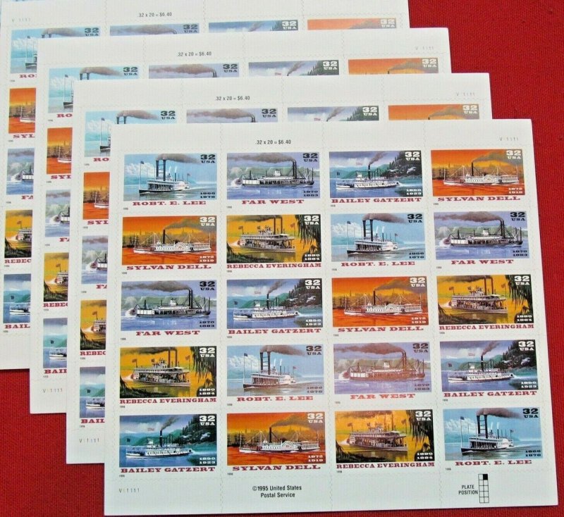 Four Sheets x 20 = 80 of RIVERBOATS / STEAM BOATS 32¢ US Stamps USA ...