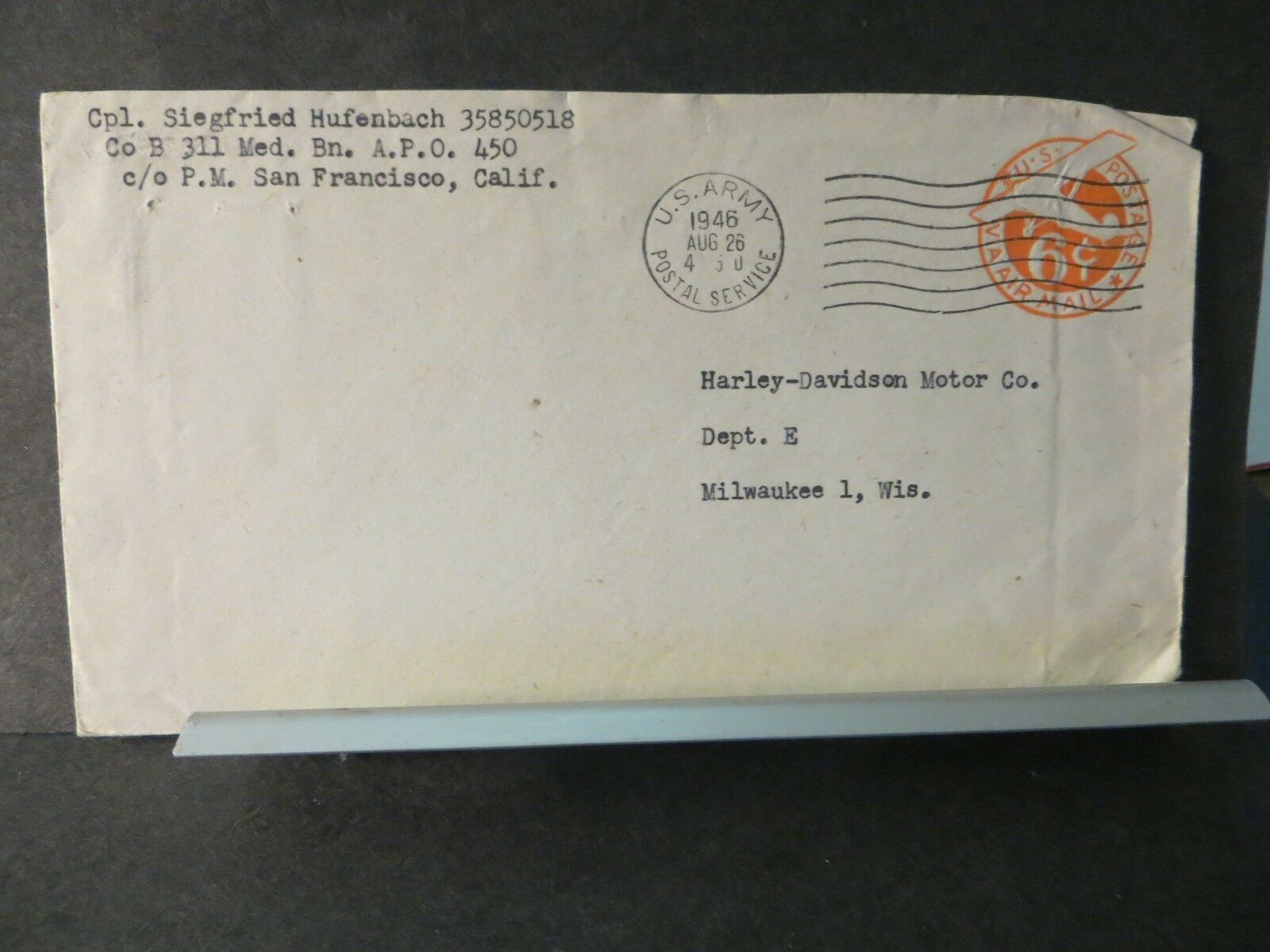APO 450 Batangas, Luzon, Philippines 1946 Army Cover 311 Medical Bn ...