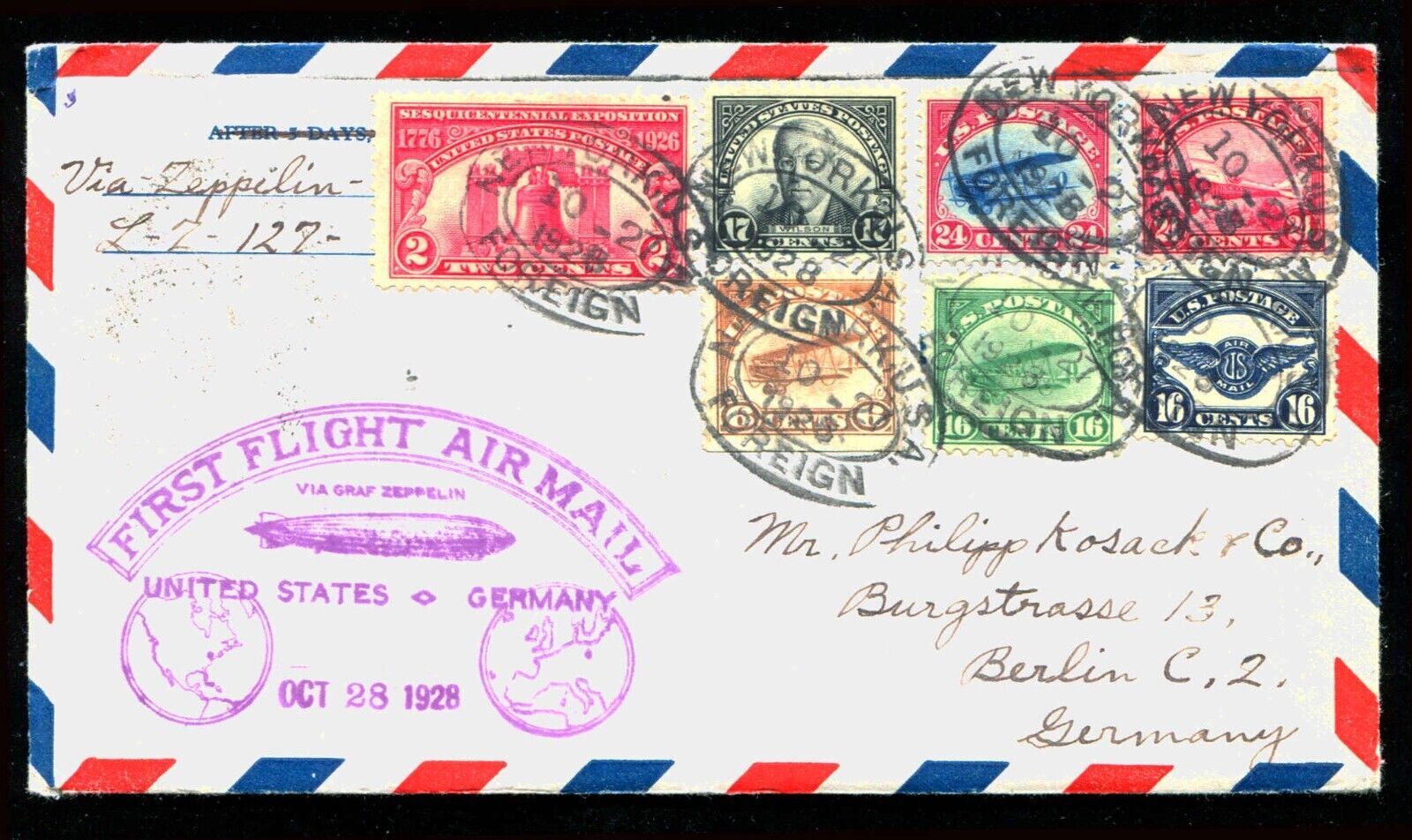 US Scott C1-C3 C5-C6 Lz127 Zeppelin Airmail First Flight 1928 NY ...