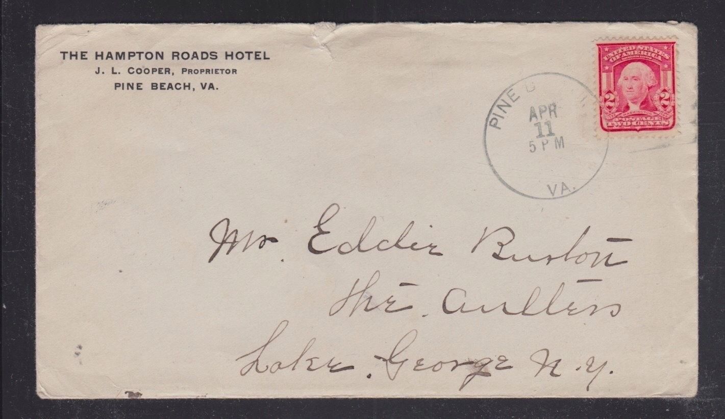 USA 1900s Hampton Roads Hotel Cover & Letter Pine Beach Virginia to New ...